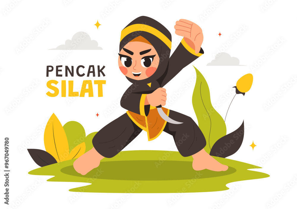 Pencak Silat Sport Vector Illustration featuring Martial Artists Posing ...