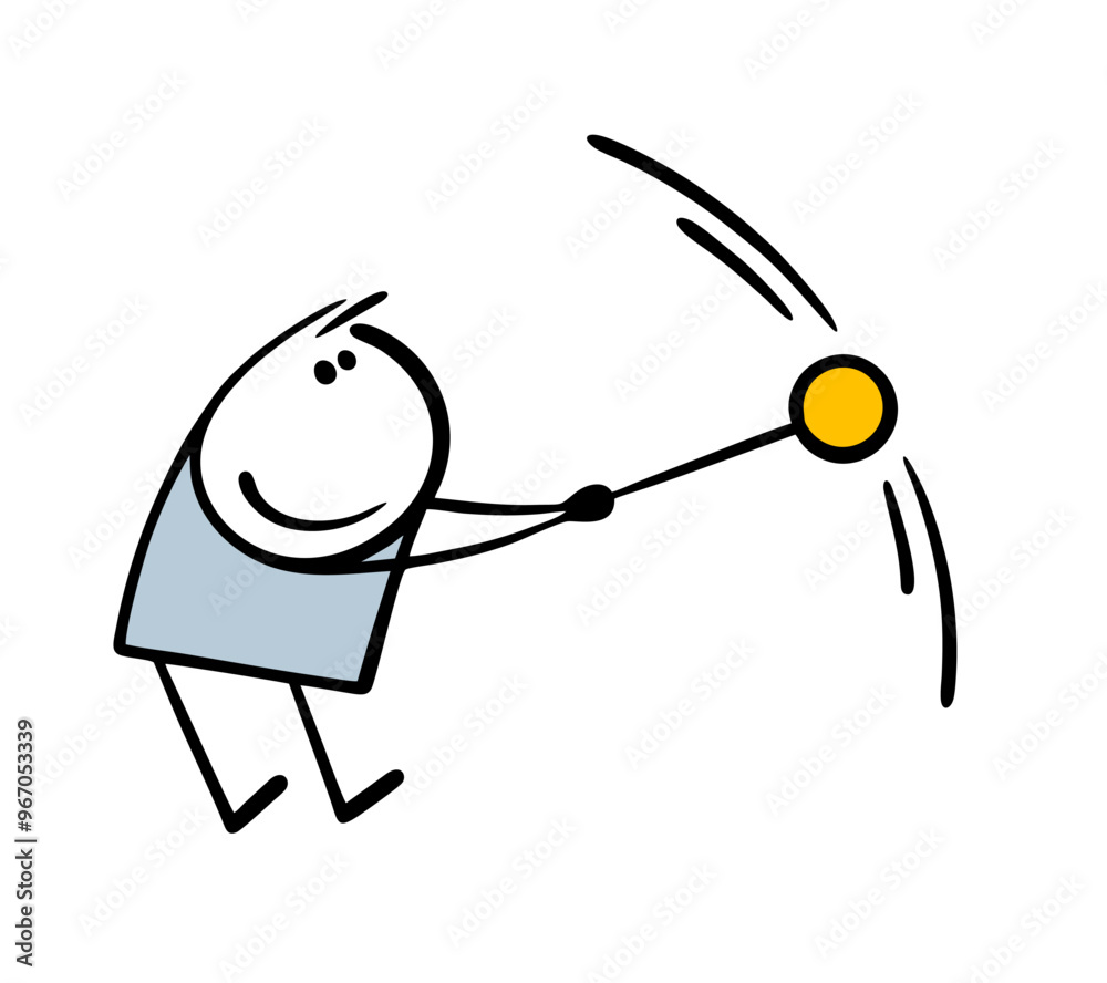 Hand drawn strong athlete spins a core on a rope. vector illustration ...