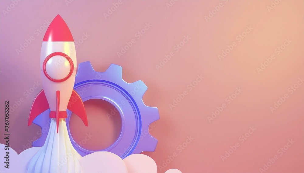 Colorful rocket launching with a gear backdrop, symbolizing innovation ...