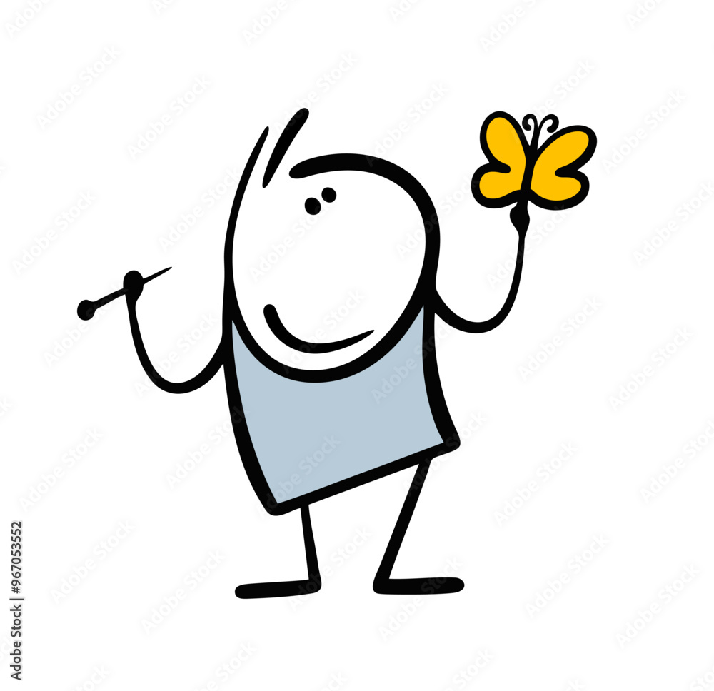 Doodle little boy has caught a butterfly and pierces it with a pin ...