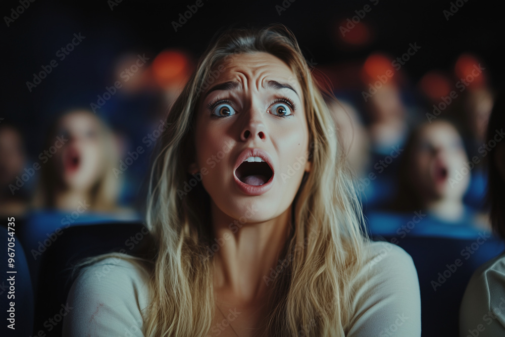 woman in a movie theater is watching a scary movie and has her mouth ...