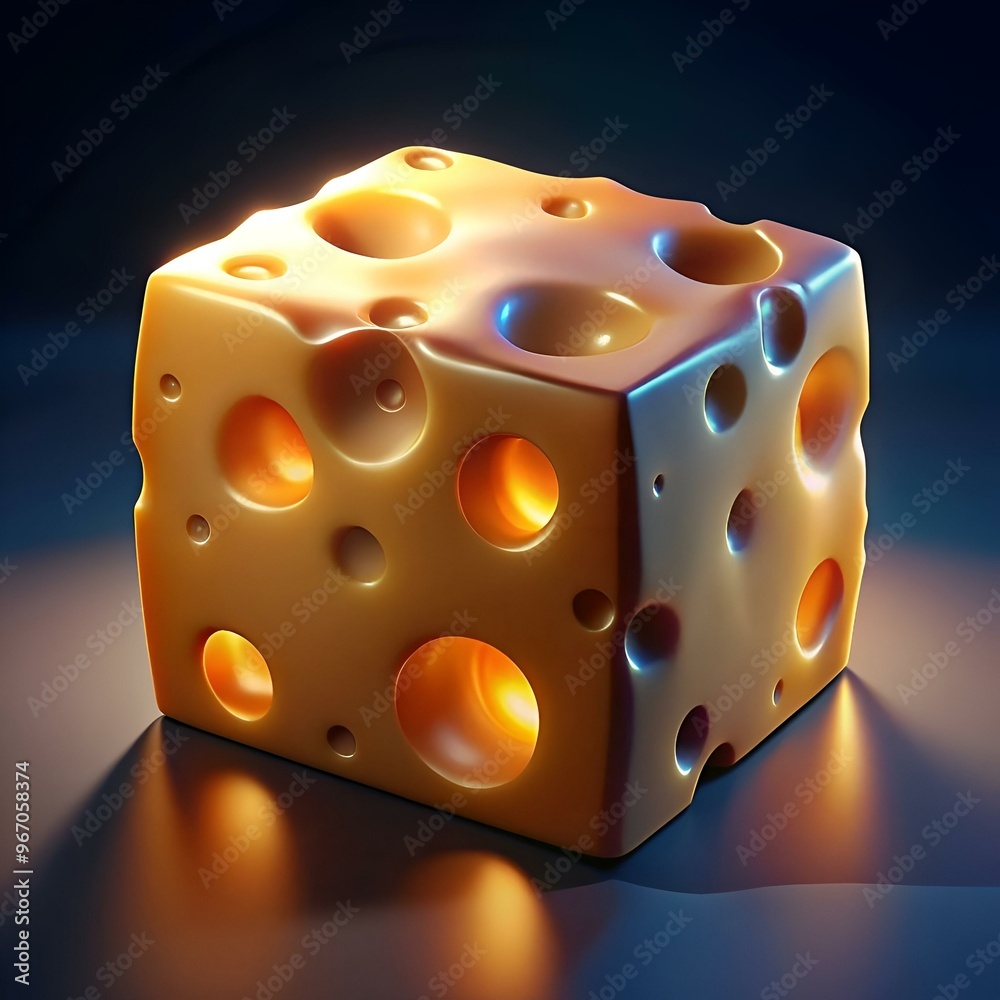 3D model of a realistic Swiss cheese cube with holes and a glossy ...