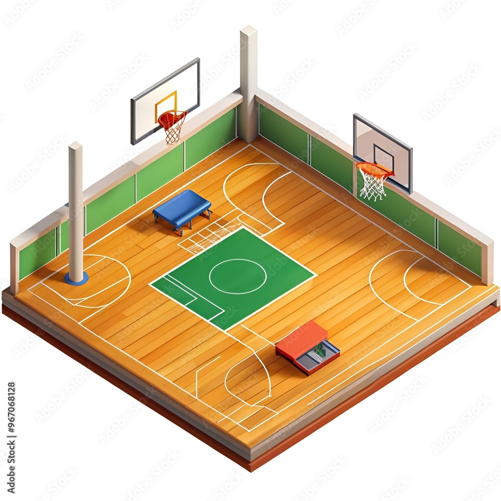 Isometric view of a basketball court with two hoops. a green field. a ...
