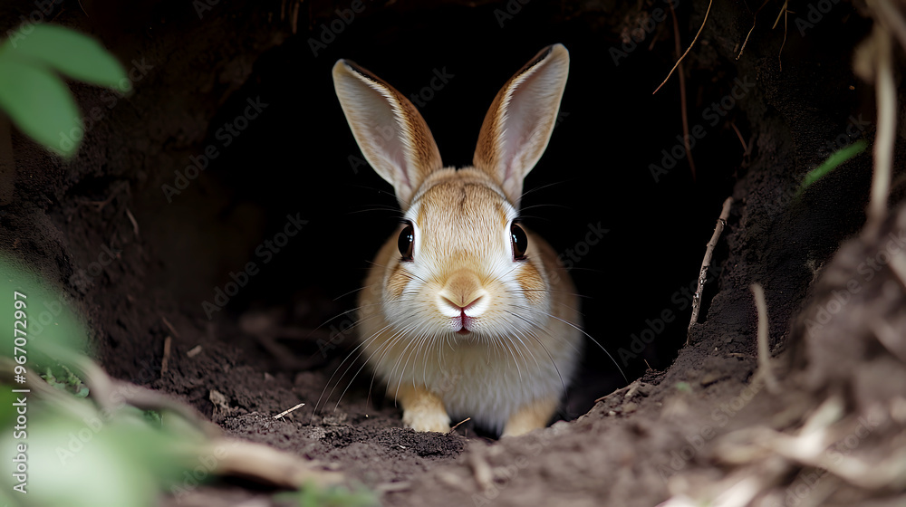 cute bunny peering out from its underground home, with just its head ...