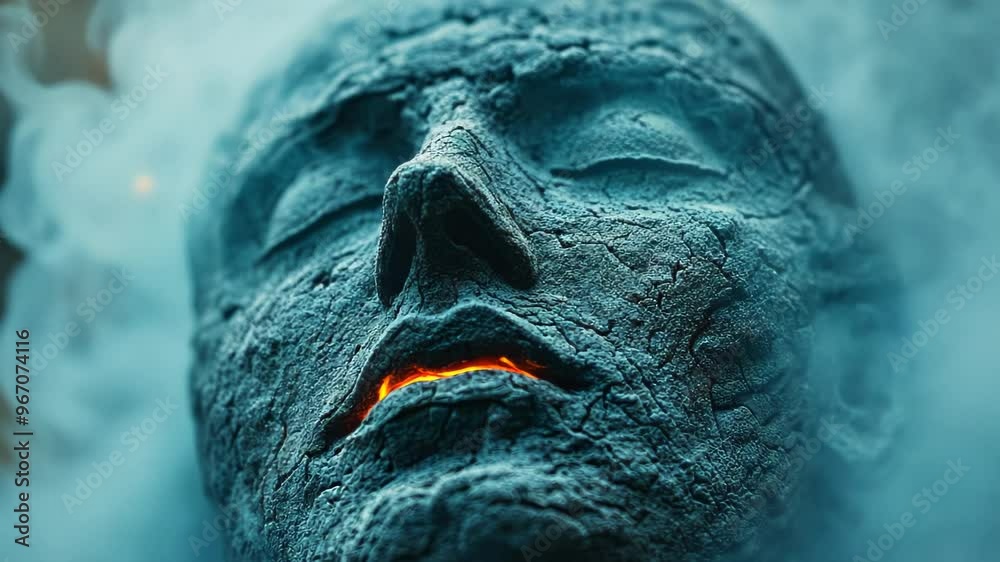 A hauntingly realistic sculpture of a stone face with fiery eyes and ...