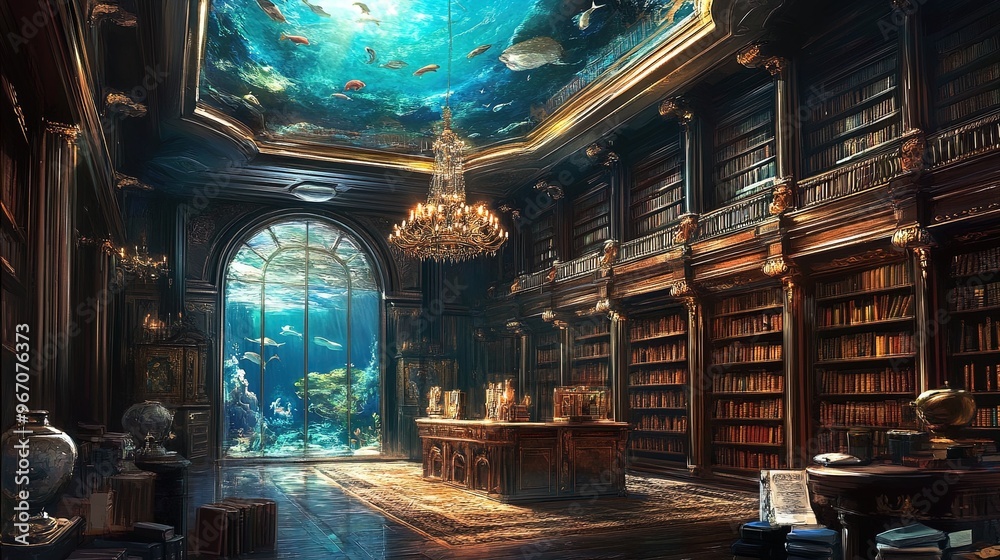 Enchanting Underwater Library: A Stunning Poster of Opulent Design with ...