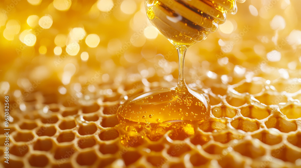 A vibrant image of honeycomb overflowing with fresh honey, showcasing ...