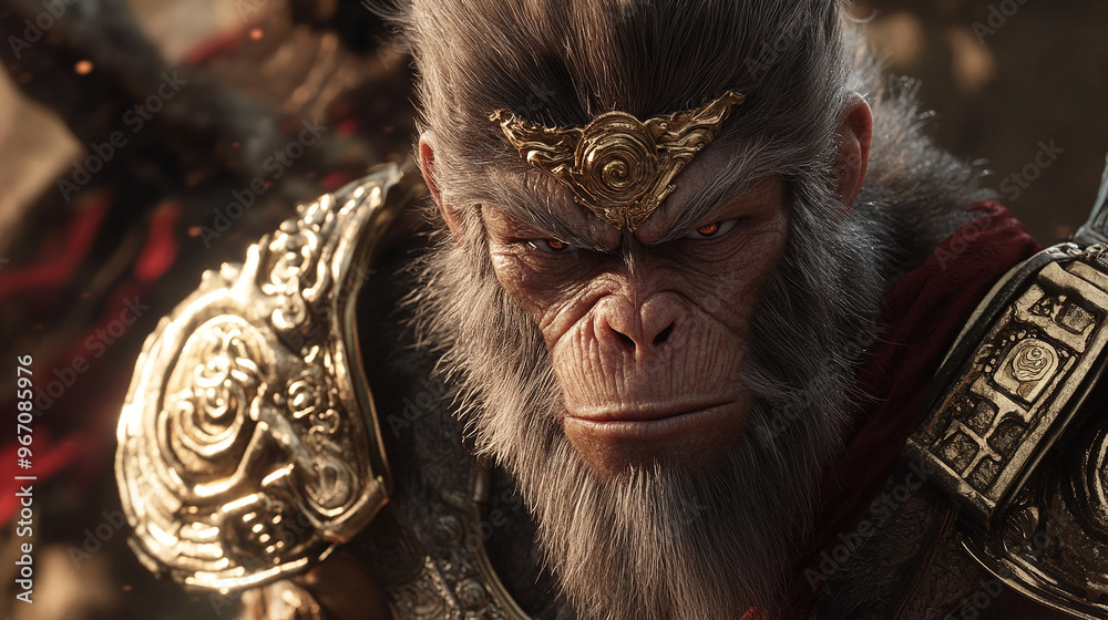 Sun Wukong, dressed in golden armor and spiky hair, is rendered in ...