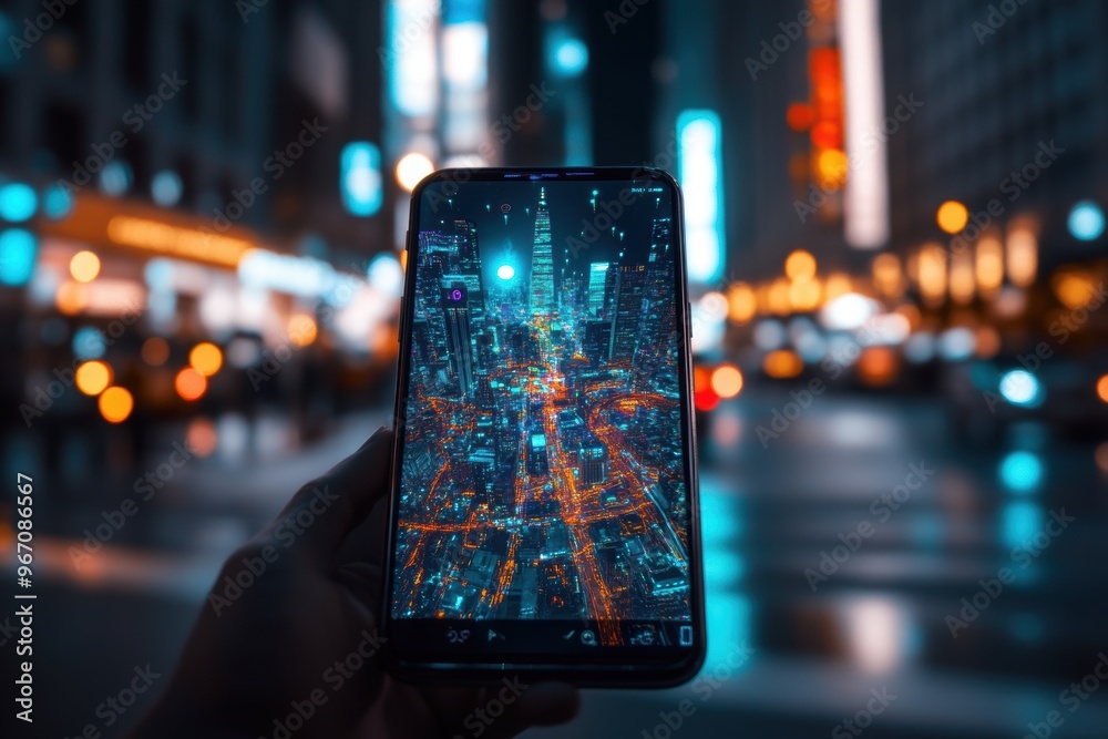 A smartphone projects a holographic map for navigation in a busy city ...