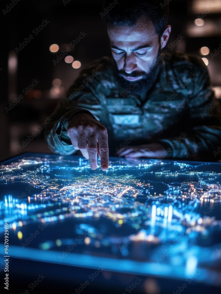 A military commander analyzes a holographic battlefield map, engaging ...