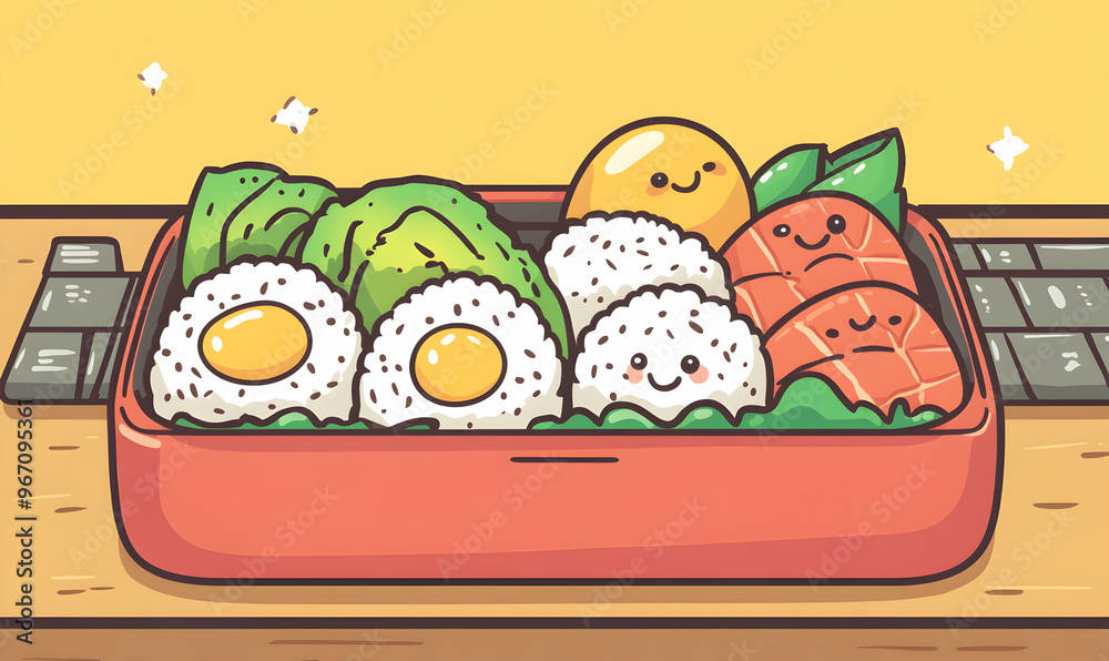 Cute cartoon illustration of a bento box lunch with smiling rice balls ...