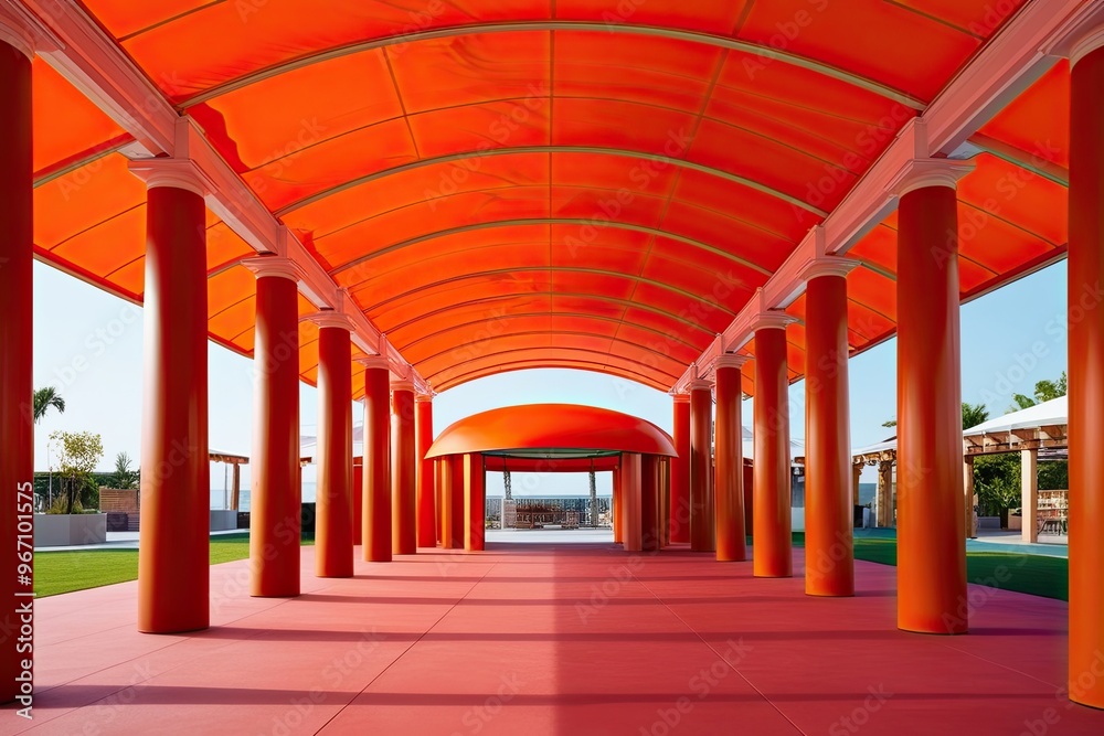 An airy orange canopy pavilion with bold pillars and a wide entrance in ...