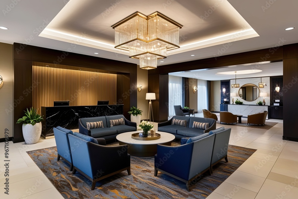 Elegant High-End Hotel Lobby with Front Desk and Cozy Seating Nook for ...