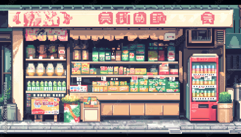 Pixel art illustration of a Japanese convenience store, featuring ...