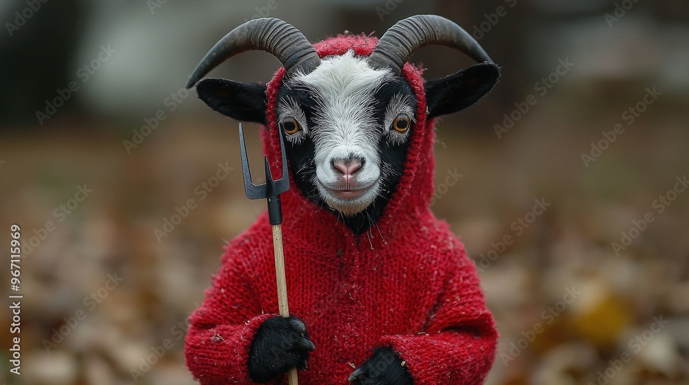 Goat in a devil costume with tiny horns and a pitchfork, [devil goat ...