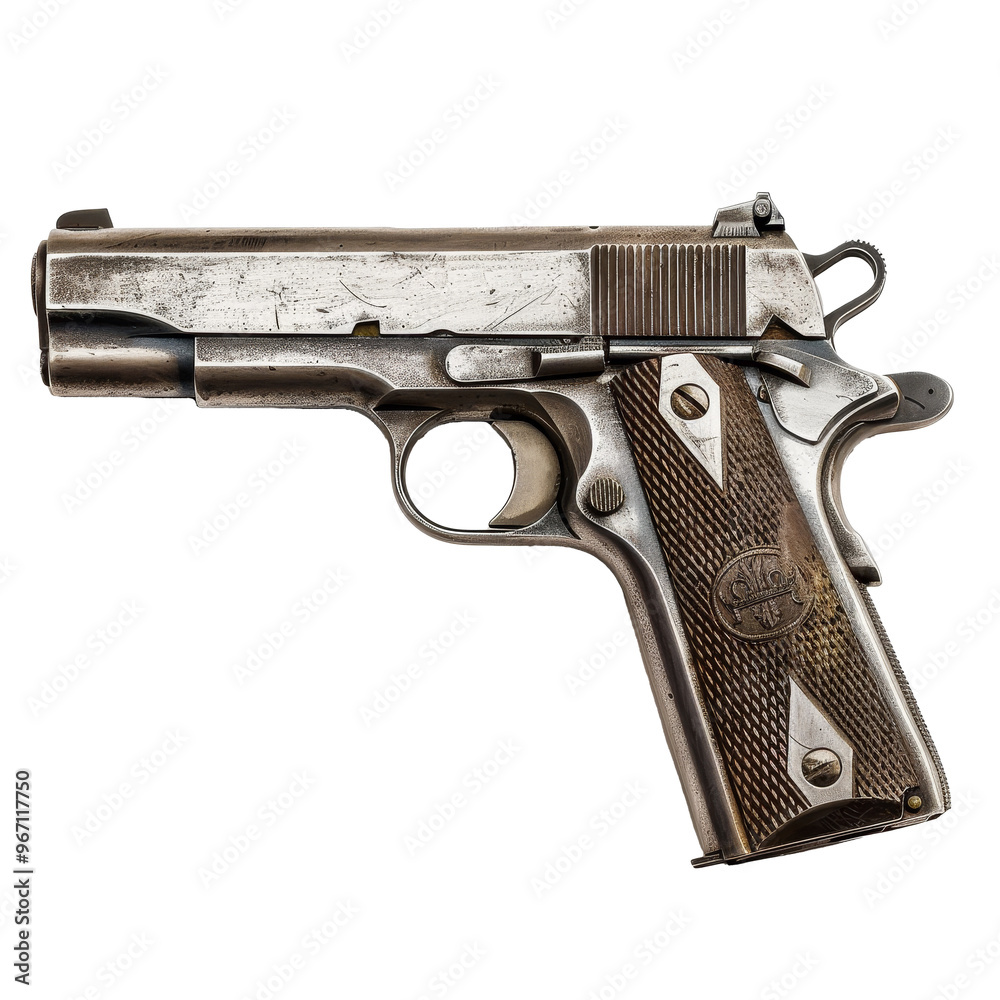 Vintage silver semi-automatic pistol displayed on a transparent background showcasing detailed ...
