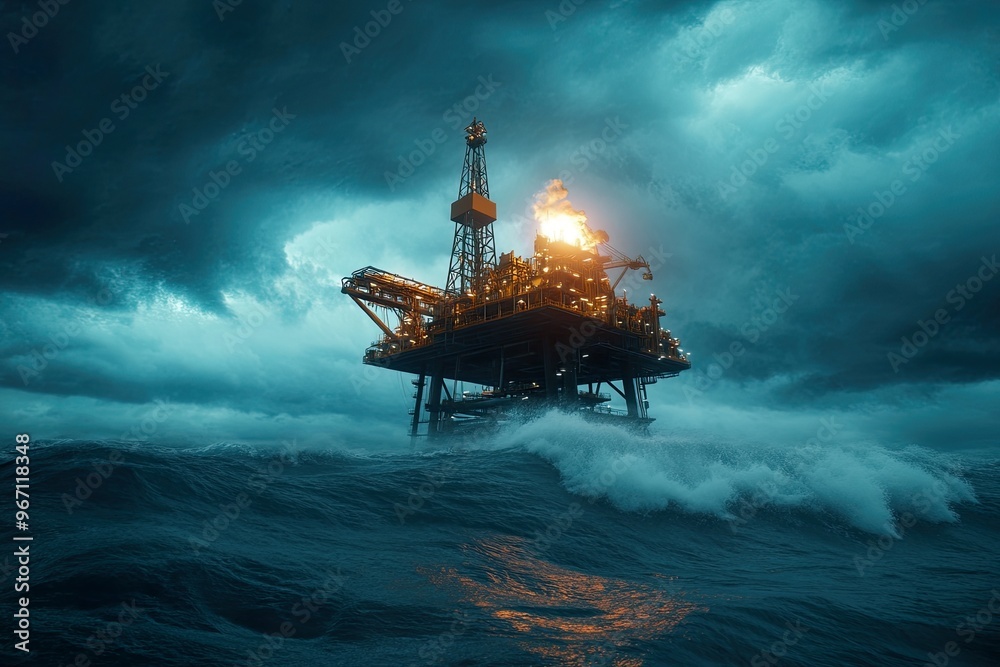 Offshore oil rig amidst turbulent seas and stormy skies. Stock Photo ...