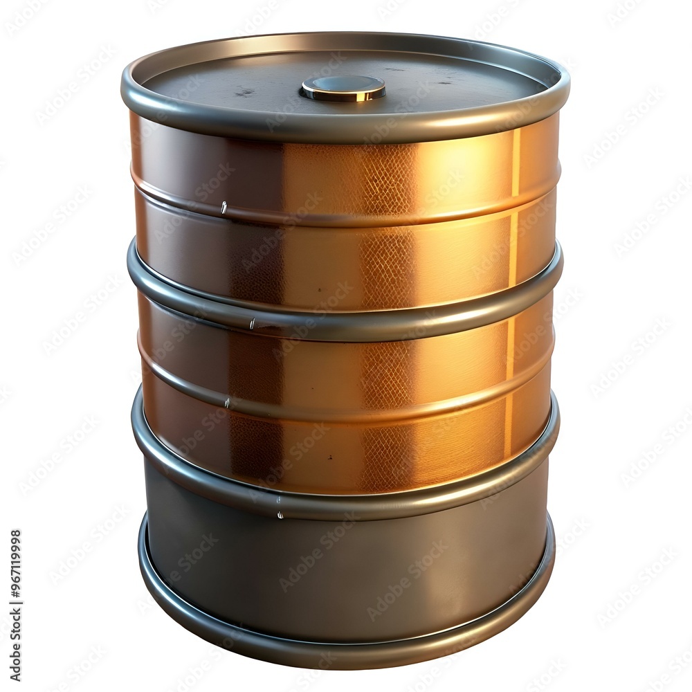A realistic 3D model of an oil barrel. rendered with a metallic sheen ...