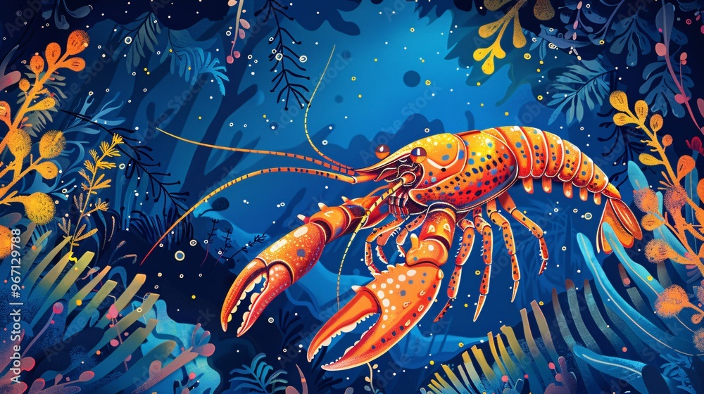 171. Vibrant crayfish character illustrated in a dynamic underwater ...