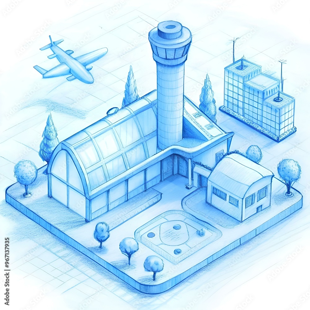 A detailed sketch of an airport terminal. complete with control tower ...