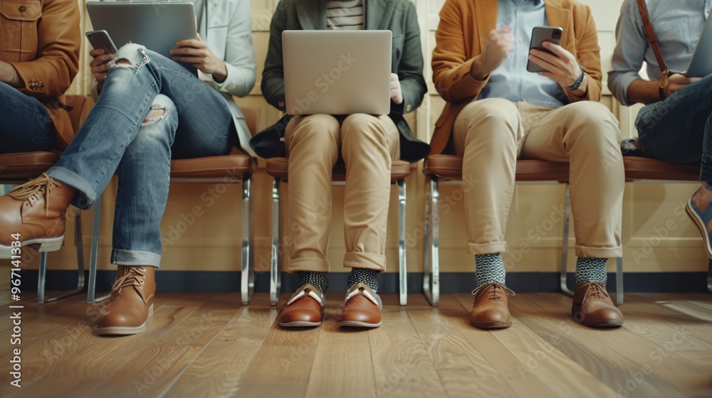 27. Detailed shot of men and women's feet in a waiting room, with ...
