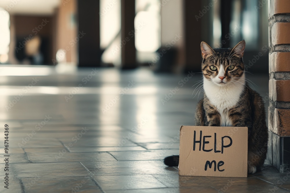 A striking image of a cat with a ‘Help Me’ sign in a modern hallway ...