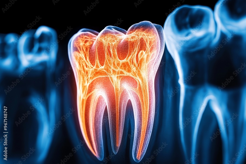 An intricate X-ray image of a molar tooth showcasing its glowing nerve ...