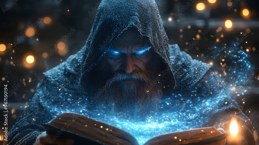 “A Wizard with Blue Glowing Hair and Beard, Wearing a Hooded Cloak and ...