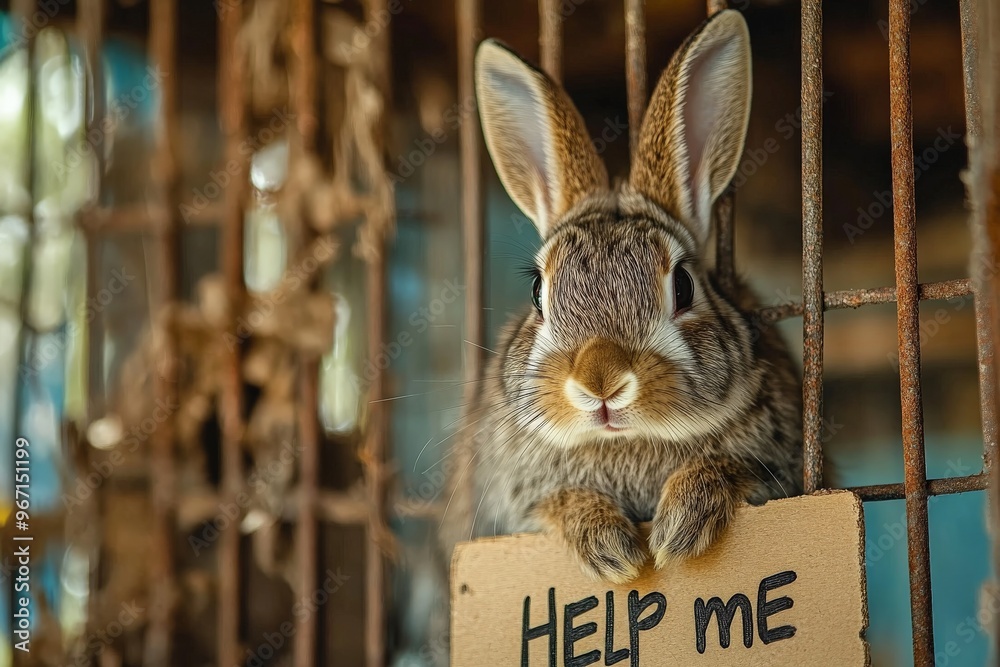 A photograph captures a cute rabbit peering through a cage, clutching a ...