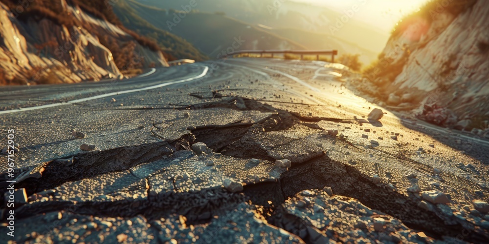 Collapsed asphalt road with cracks at the roadside Landslide on the ...