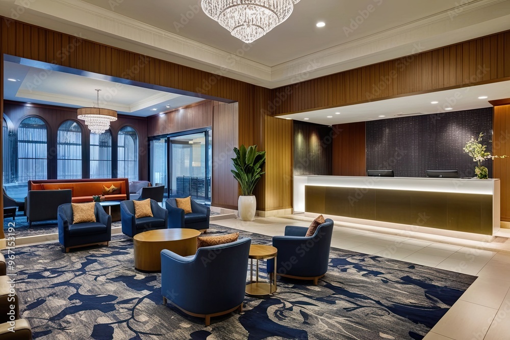 Grand Hotel Lobby with Modern Reception Counter and Inviting Rest Area ...