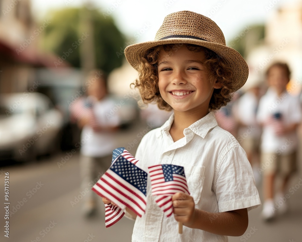 Smiling boy in a hat holds American flags during a parade. He is in ...