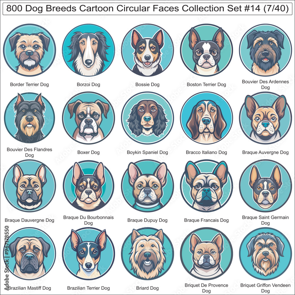 Dog Breeds Cartoon Circular Dog Faces Collection Set of 800 Dog Faces ...