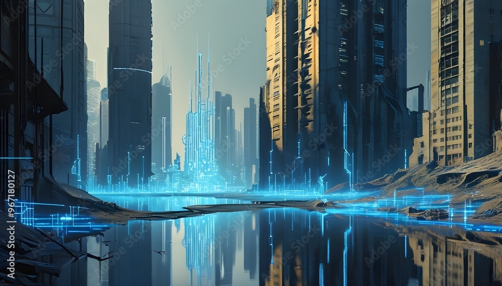 Glitched blue circuitry lock amid the ruins of a cyberpunk city ...