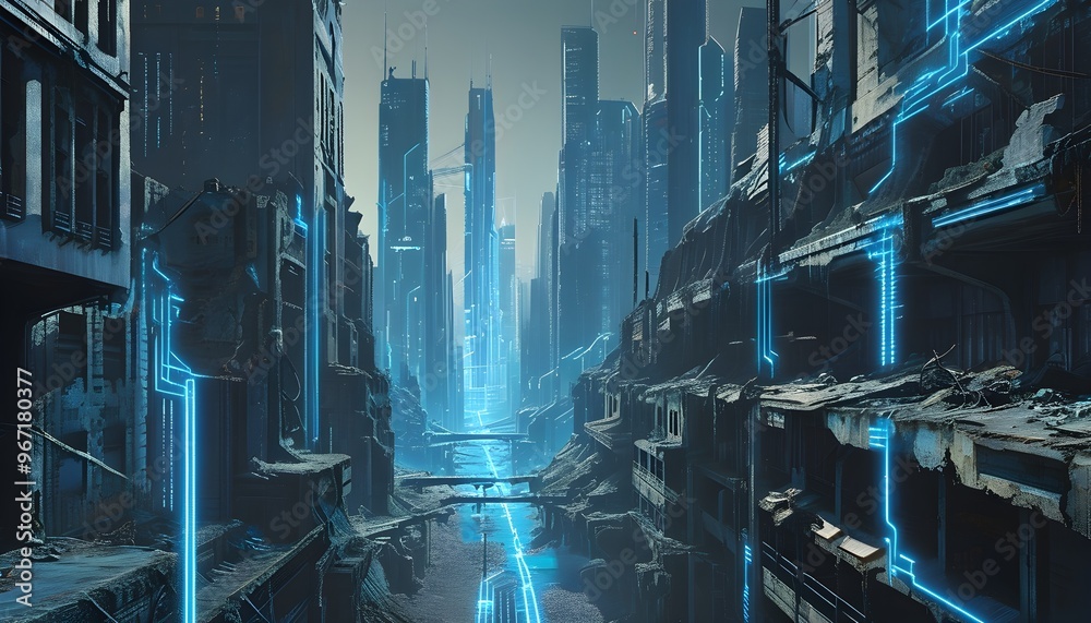 Glitched blue circuitry lock amid the ruins of a cyberpunk city ...