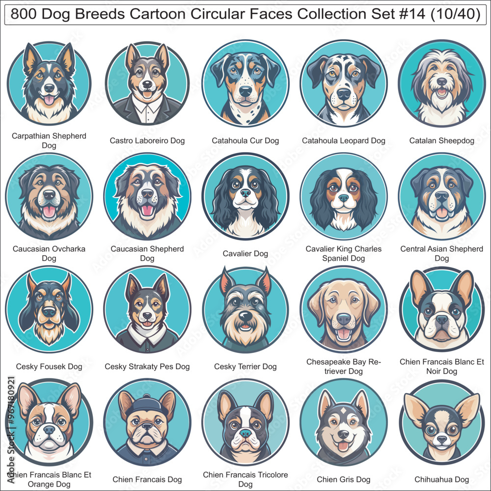 Dog Breeds Cartoon Circular Dog Faces Collection Set of 800 Dog Faces ...