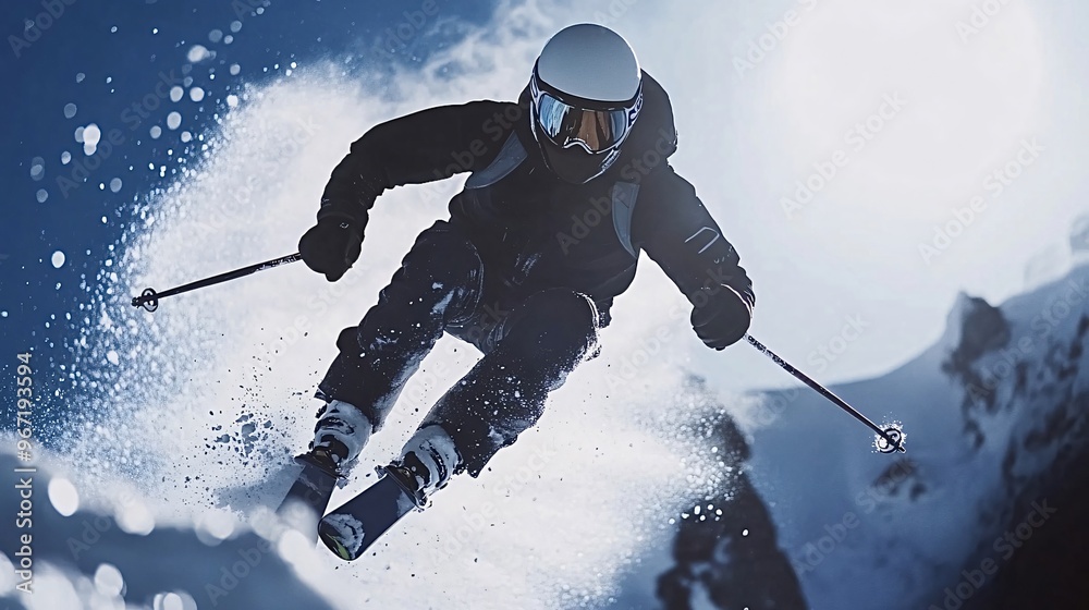 Freestyle skier is captured mid-air, performing a daring jump over ...