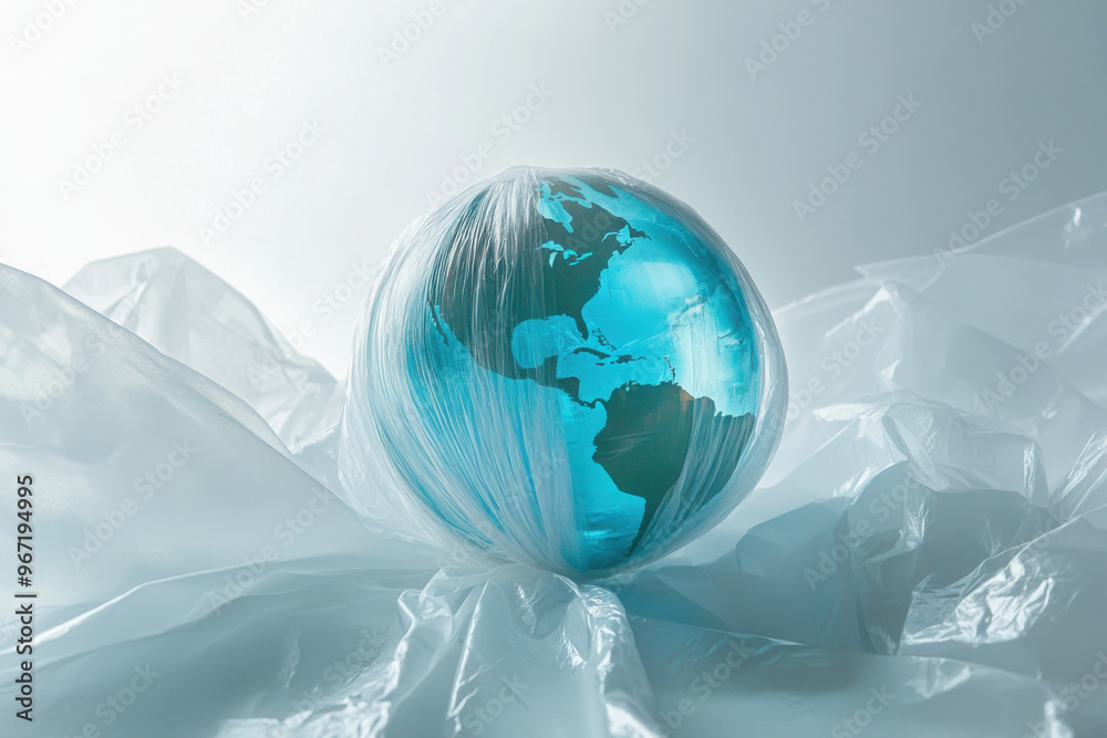 Planet Earth wrapped in plastic, symbolizing environmental pollution ...