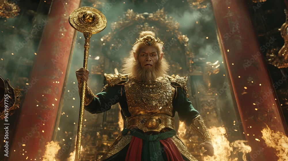 Wukong holding his golden staff, standing in front of the Jade Emperors ...