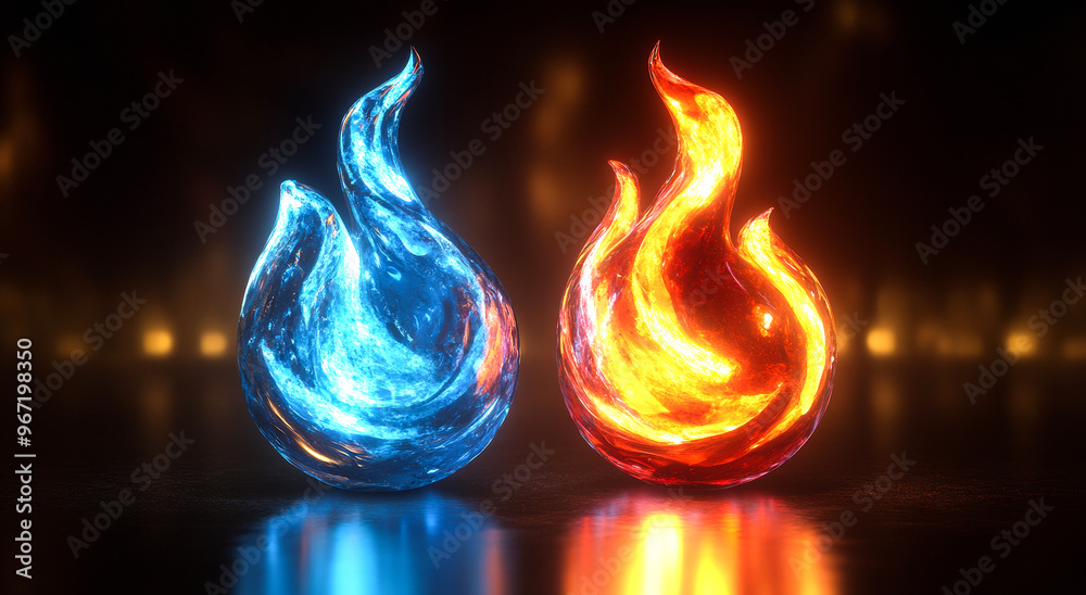 Two glowing orbs of fire and water, one blue and one red. The blue orb ...