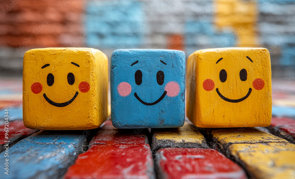 Three wooden blocks with smiling faces on them. The blocks are yellow ...
