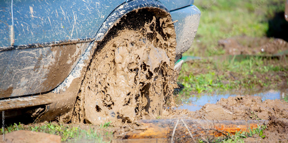 Car wheel stuck in mud, motorsport, mud tire testing. Off-road driving ...