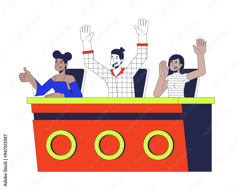 Talent show judges reacting excitedly at panel table 2D cartoon ...