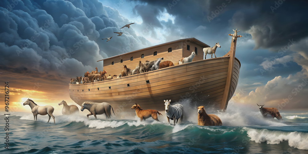 Animals boarding Noah's Ark during the flood, Noah's Ark, animals, boarding, flood, biblical ...