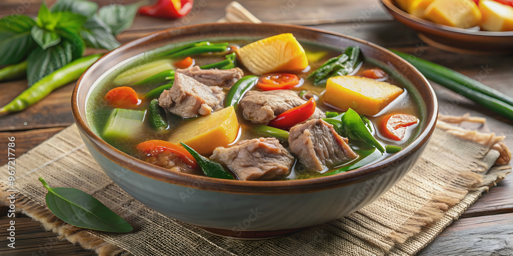 Bowl of traditional Filipino sinigang pork meat soup, sinigang ...