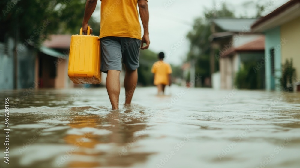 Family evacuating their home as rising floodwaters threaten carrying ...