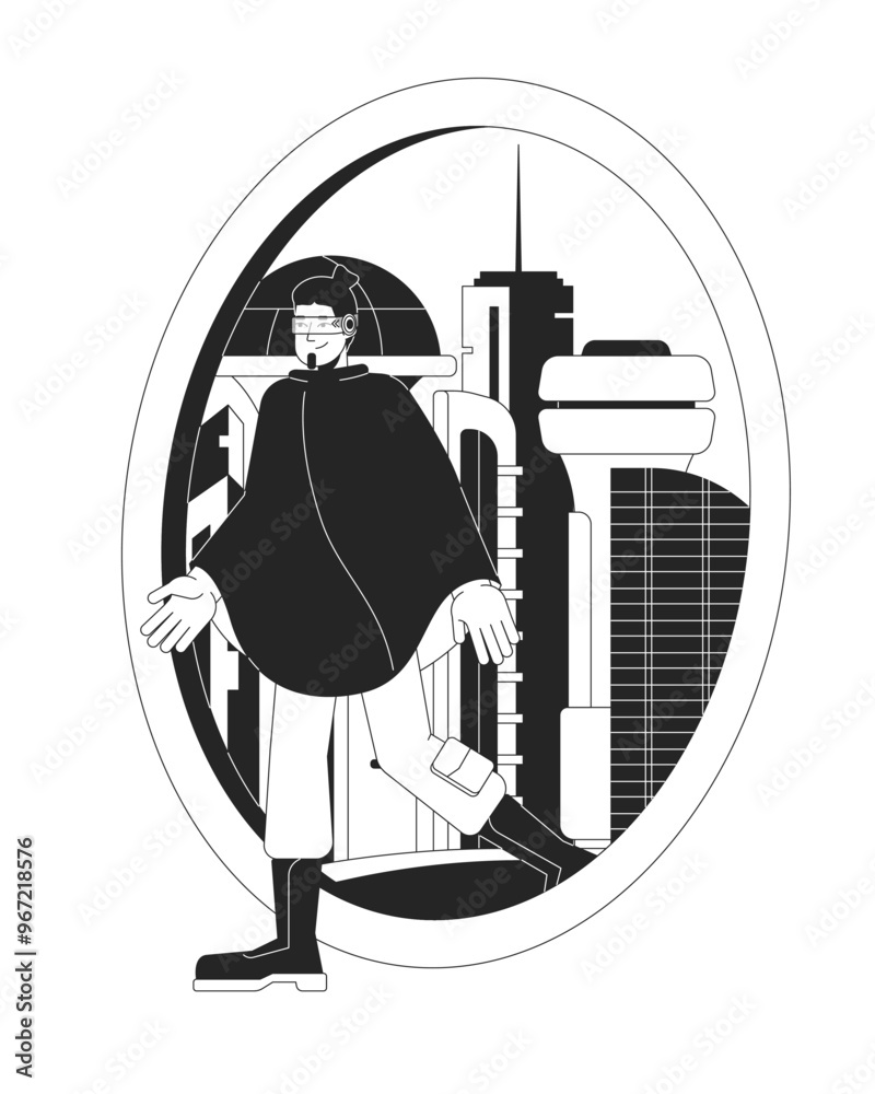 Cyberpunk man futuristic teleportation black and white line ...