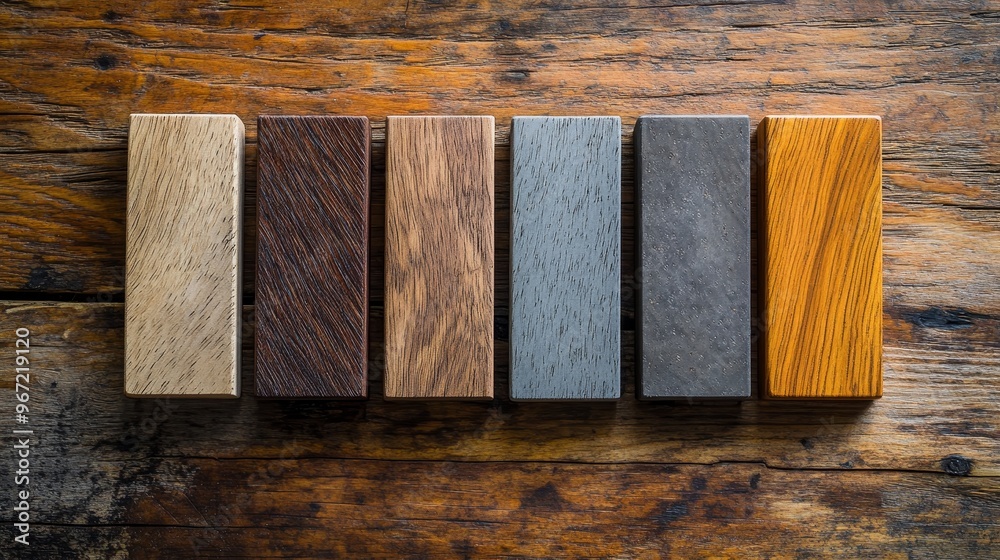 Traditional cherry wood and modern gray oak swatches, artistically ...
