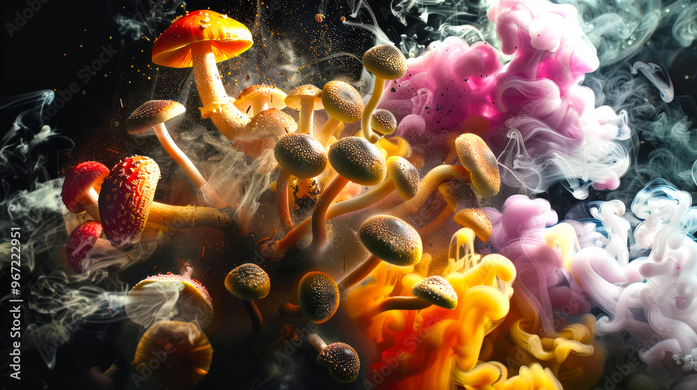 Dangerous narcotic mushrooms grow out of colored mystical thick stylish ...