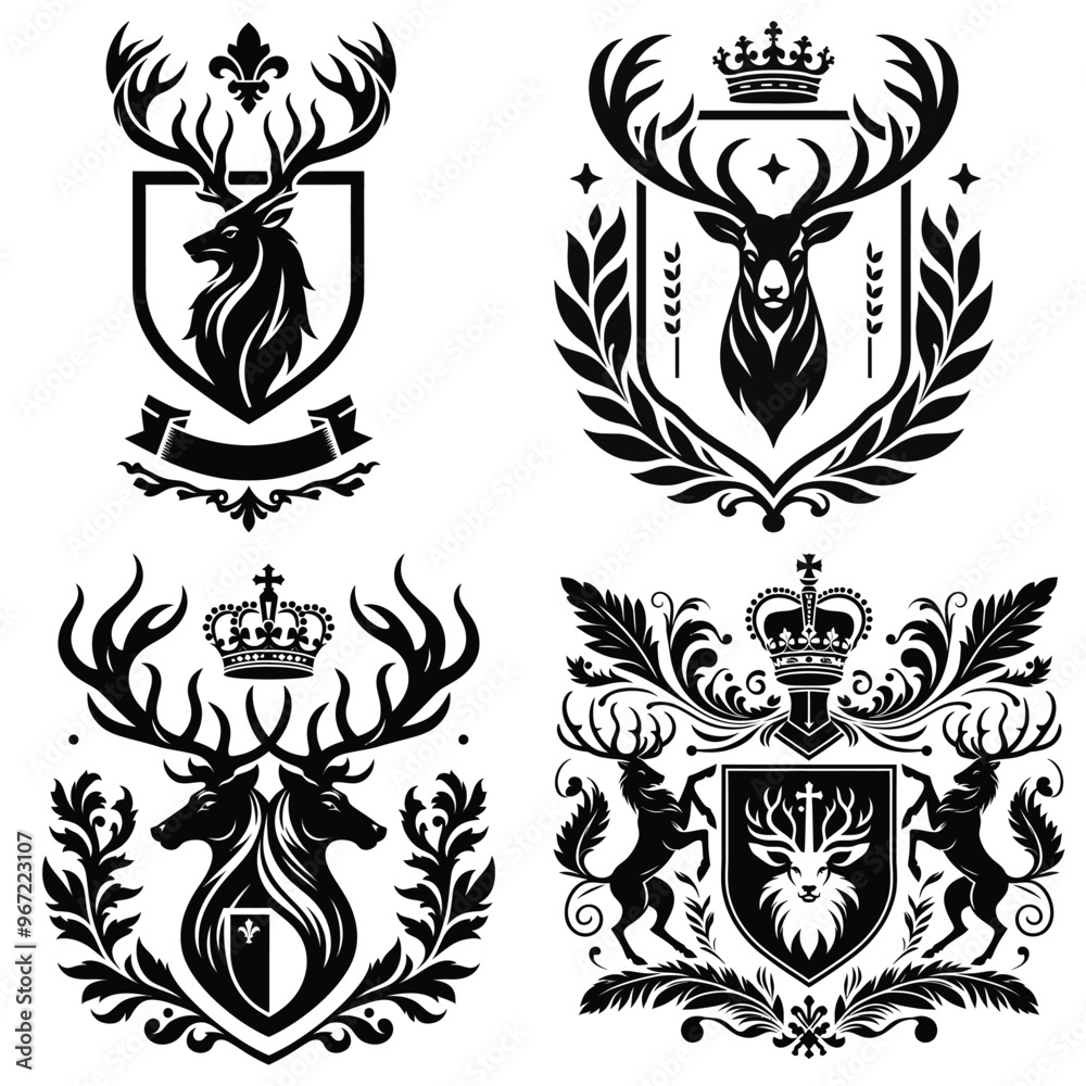 Heraldic deer emblems vector illustration, black and white, perfect for ...